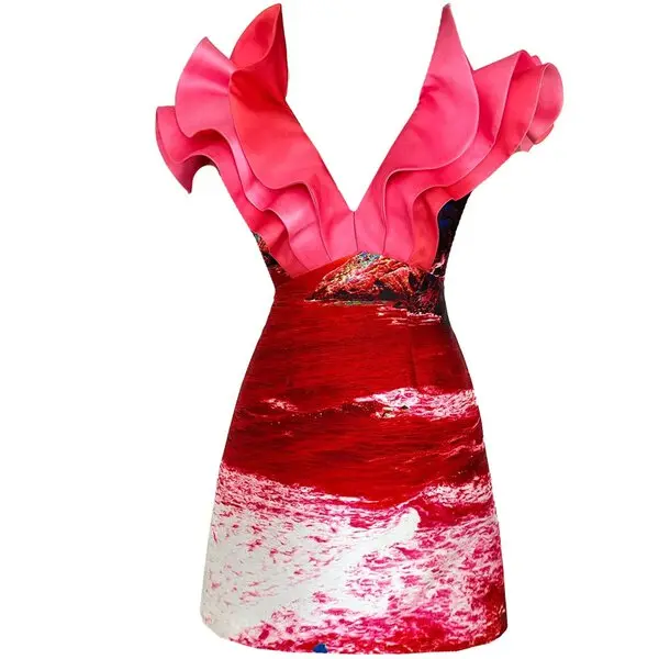 MAXJENNY Butterfly Mini Dress Blue Landscape - Red