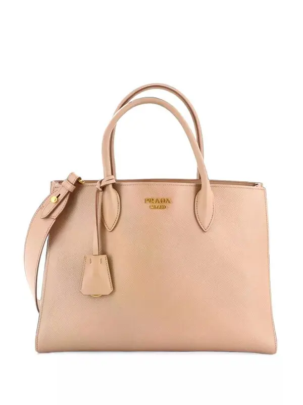Prada Side Pleat Saffiano Leather Large Tote Bag - Neutrals