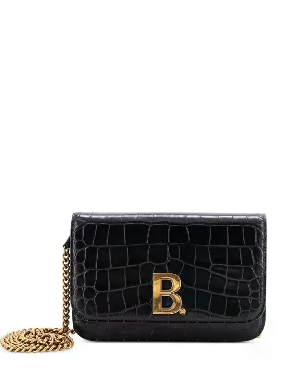 Balenciaga B Dot Wallet On Chain Crocodile Embossed Leather Crossbody Bag - Black