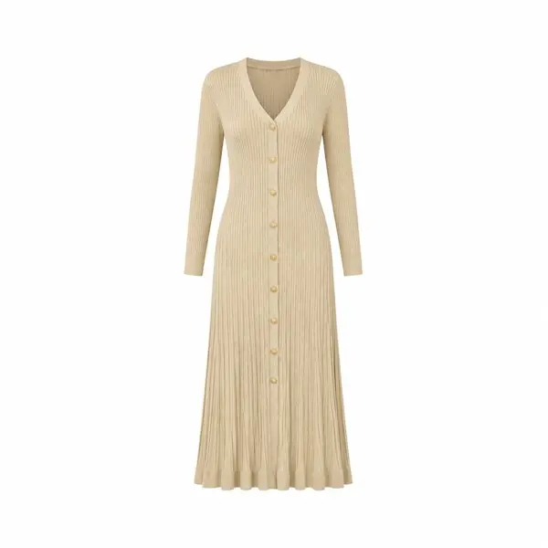 YUMI Neutrals Viscose Knitted Midi Ribbed Dress
