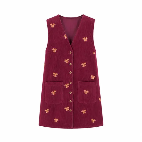 YUMI Burgundy Squirrel Embroide Button Up Pinafore Dress - Red