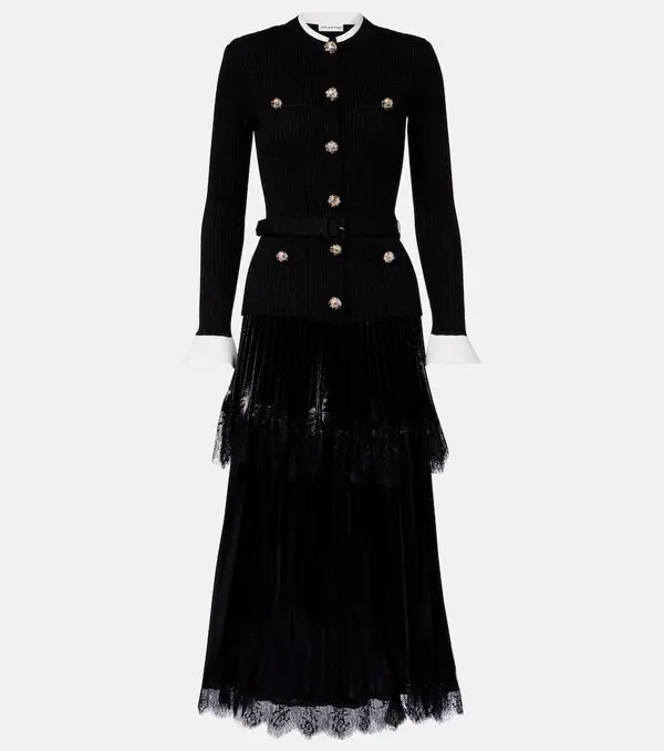 SELF-PORTRAIT Embellished Pleated Lace-trimmed Midi Dress
