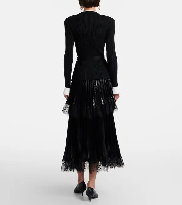 SELF-PORTRAIT Embellished Pleated Lace-trimmed Midi Dress