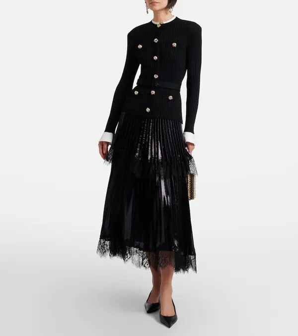 SELF-PORTRAIT Embellished Pleated Lace-trimmed Midi Dress