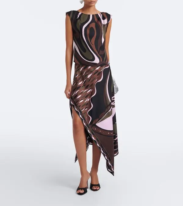 Emilio Pucci Dune Asymmetric Silk Twill Midi Skirt