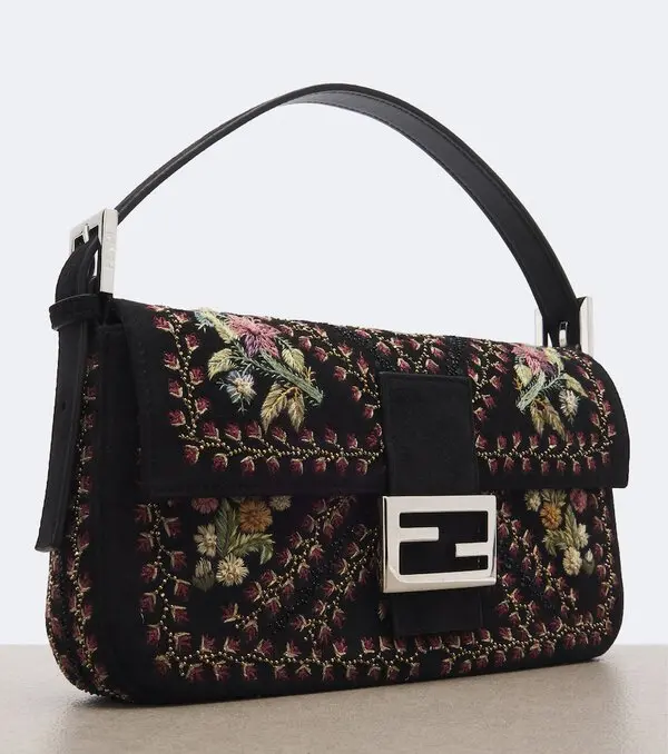 Fendi Baguette® 26424 Floral Suede Shoulder Bag