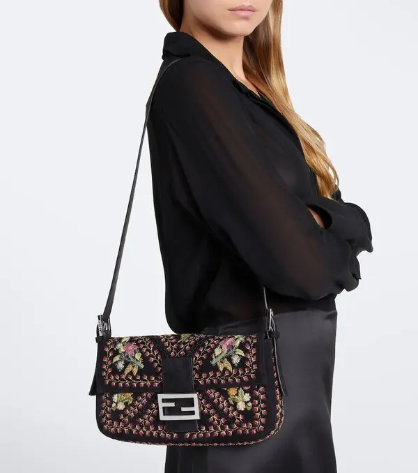 Fendi Baguette® 26424 Floral Suede Shoulder Bag