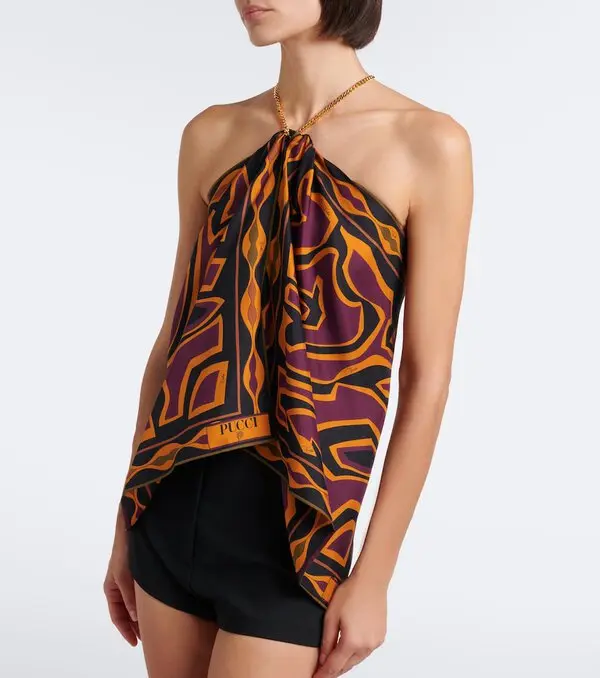 Emilio Pucci Labirinto Silk Twill Halterneck Top