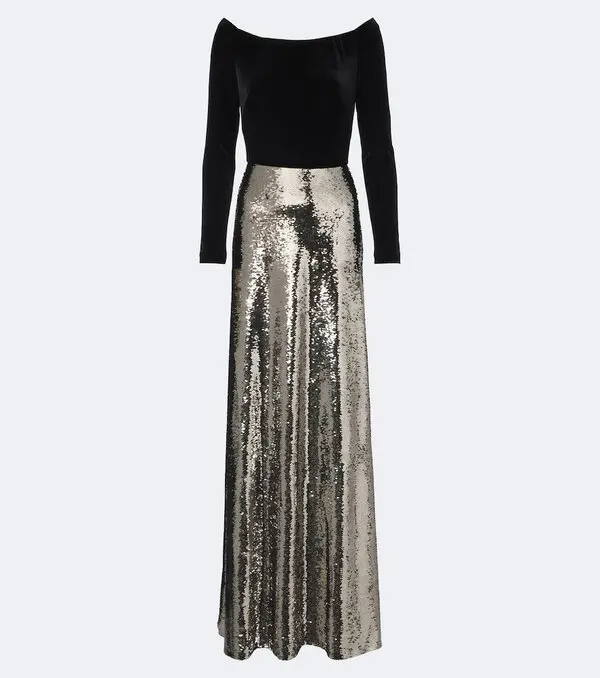 Monique Lhuillier Sequined Velvet-paneled Off-shoulder Gown
