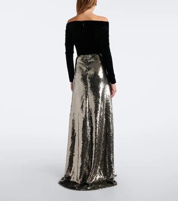 Monique Lhuillier Sequined Velvet-paneled Off-shoulder Gown
