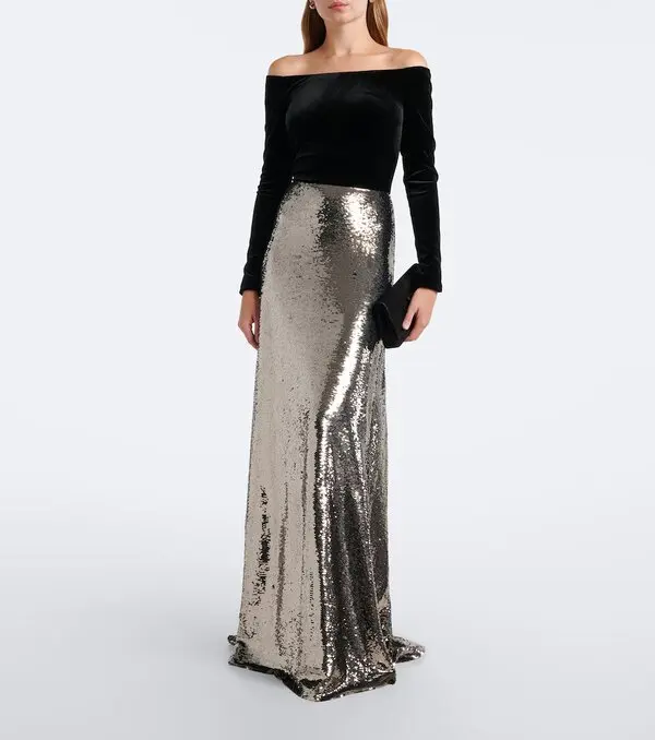 Monique Lhuillier Sequined Velvet-paneled Off-shoulder Gown