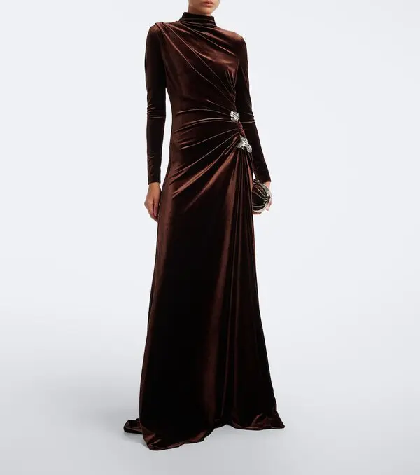 Monique Lhuillier Draped Embellished Velvet Gown