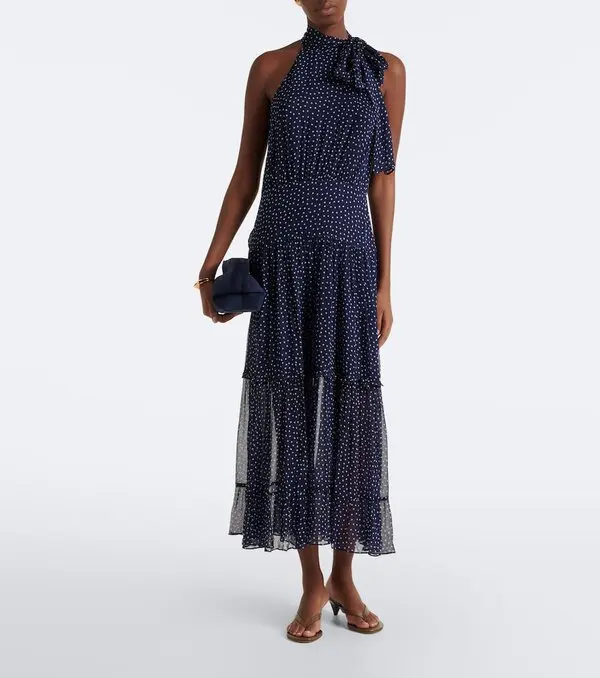 Rixo Abi Polka-dot Tie-neck Midi Dress