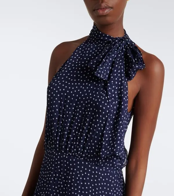 Rixo Abi Polka-dot Tie-neck Midi Dress