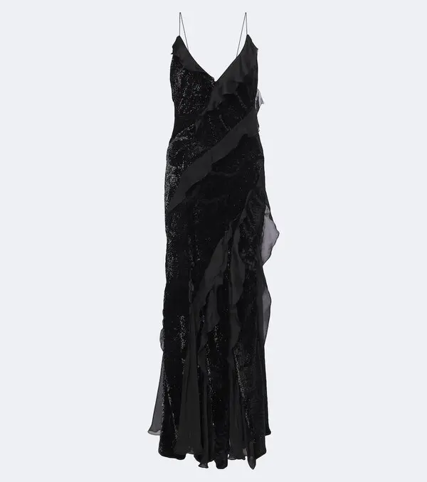 Roberto Cavalli Embellished Ruffled Velvet Gown