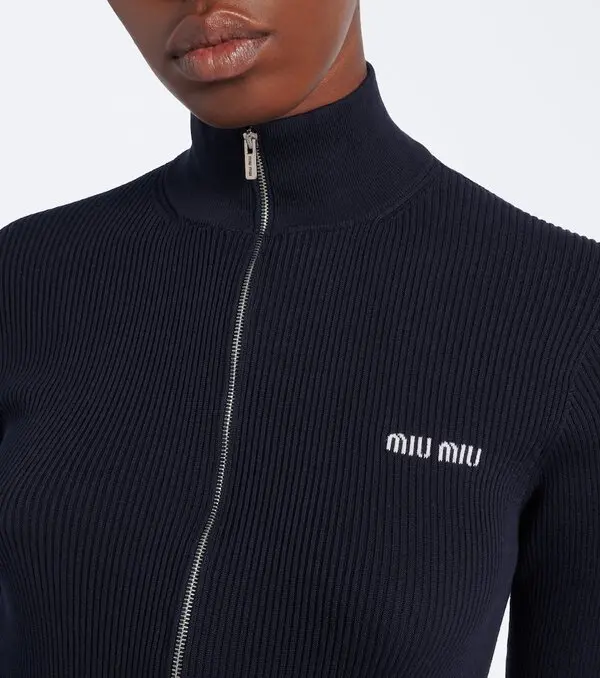 Miu Miu Logo Ribbed-knit Cotton Zip-up Sweater