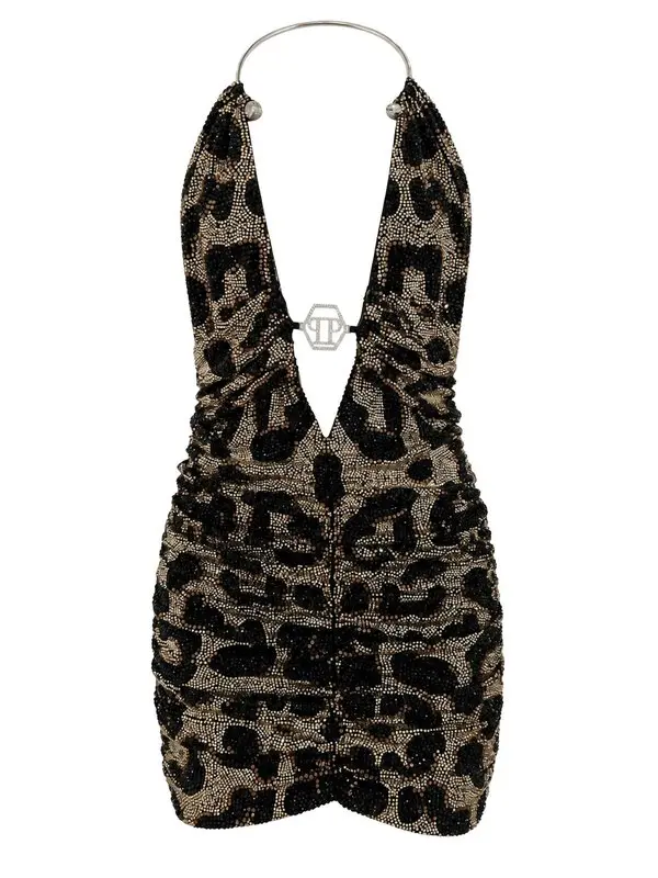 Philipp Plein Animal Print Jersey Mini Dress With Draping And Off-shoulder Design