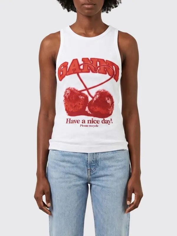 GANNI Crew Neck Cotton Tank Top With A Contrasting Logo - White