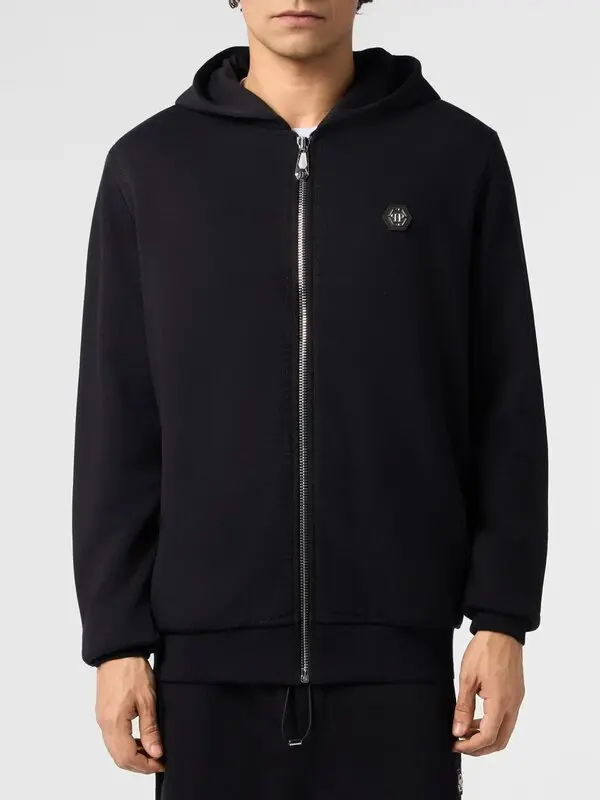 Philipp Plein Zipped Cotton Hoodie With Hexagon Logo Patch