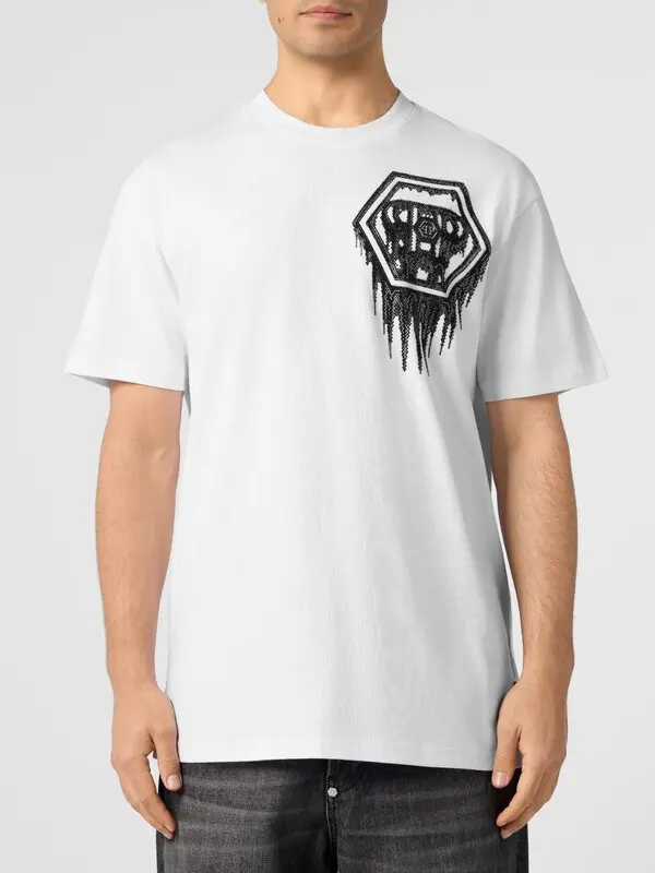 Philipp Plein Cotton T-shirt With Rhinestone-embellished Embroidered Hexagon Logo - White