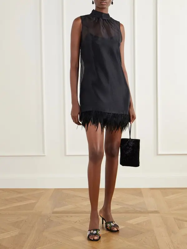 Staud Albee Feather-trimmed Silk Mini Dress