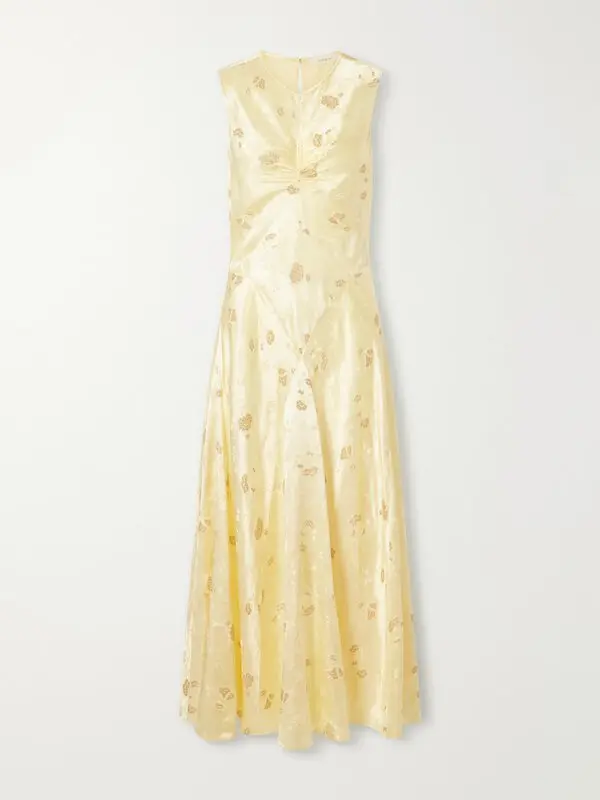 DÔEN Ginette Paneled Floral Satin-jacquard Midi Dress