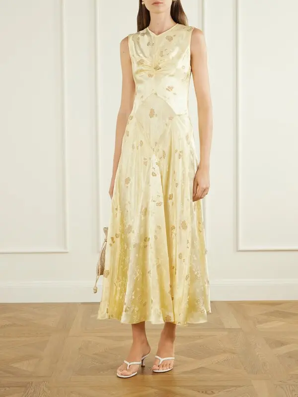 DÔEN Ginette Paneled Floral Satin-jacquard Midi Dress