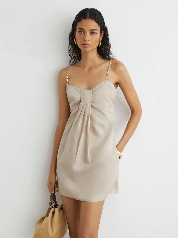 REISS Lyocell-linen Pleat-detail Mini Dress - Neutral