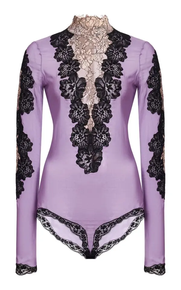 Valentino Garavani Lace-trimmed Jersey Bodysuit - Purple