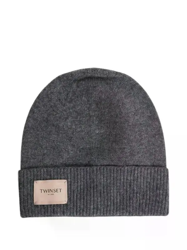 TWINSET Logo-patch Ribbed-trim Beanie Hat - Grey