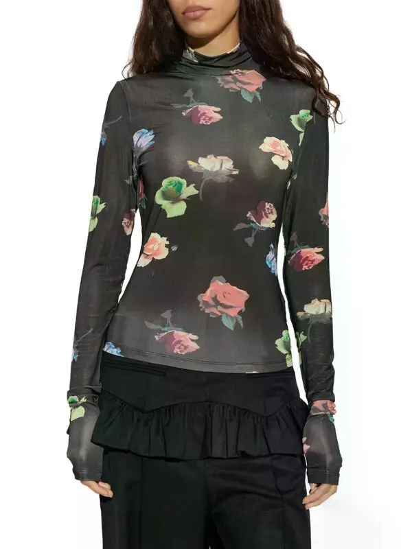 GANNI Floral-print High-neck Top - Black
