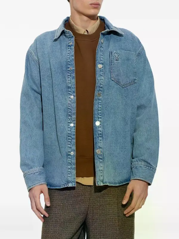 AMI Paris Cotton Overshirt With De Coeur - Blue