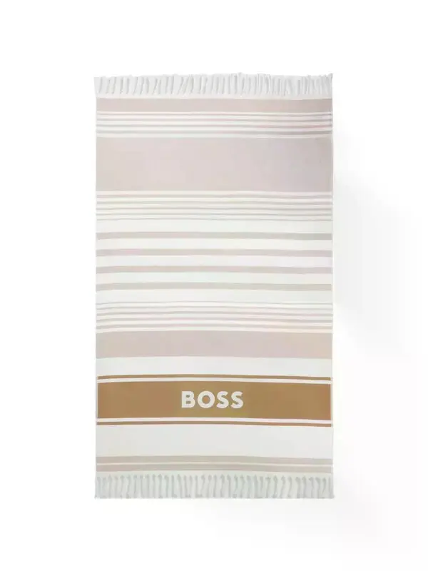 BOSS Fringed Logo Beach Towel In Cotton Jacquard