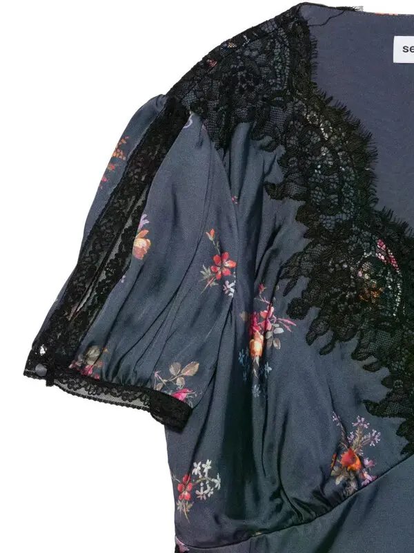 SELF-PORTRAIT Floral-print Lace-trim Top - Grey