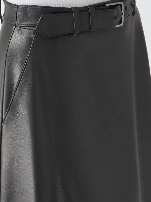 Max Mara Faux Leather Flared Midi Skirt With Belted Waist - Black