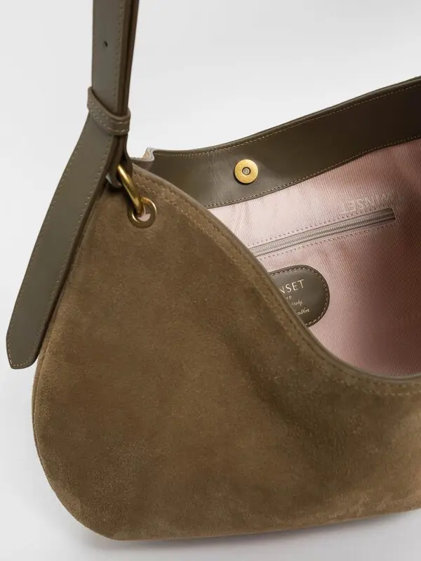 TWINSET Suede Shoulder Bag With Adjustable Handle And Lettering Logo - Olive