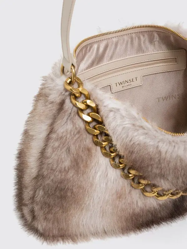 TWINSET Animal Print Faux Fur Shoulder Bag With Zip Closure