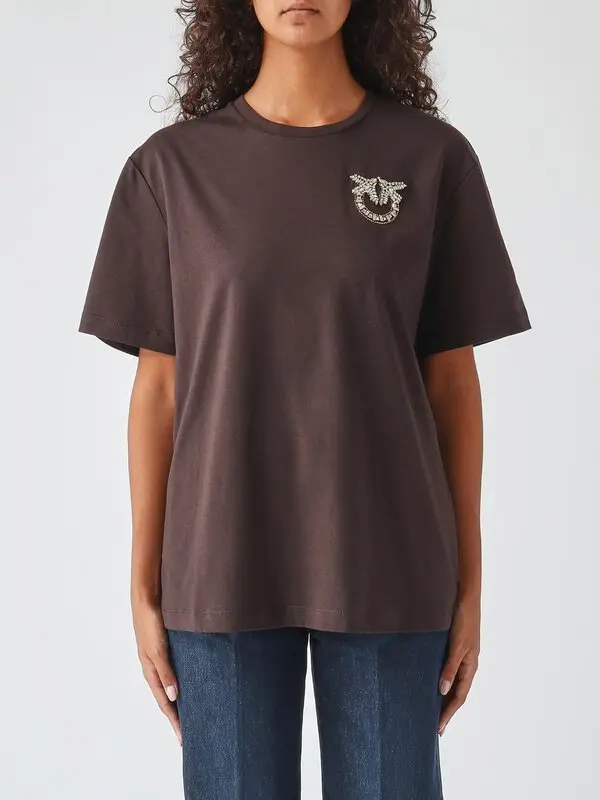 Pinko Cotton Crewneck T-shirt With Rhinestone Love Birds Logo - Dark