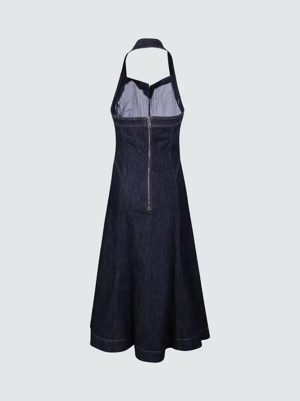 SELF-PORTRAIT A-line Off-the-shoulder Denim Midi Dress With Halter Neck