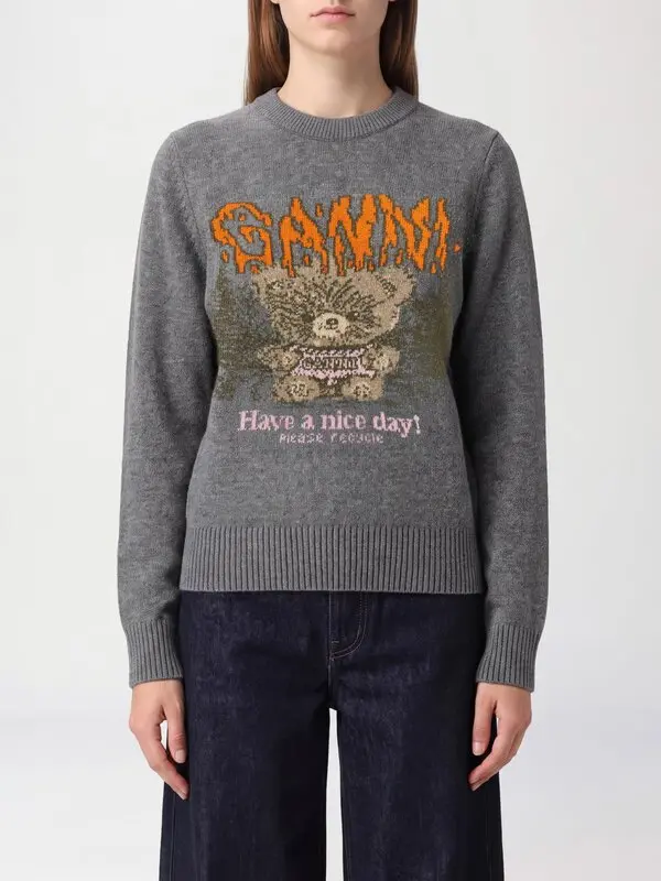 GANNI Merino Wool Blend Crewneck Sweater With All-over Jacquard Logo
