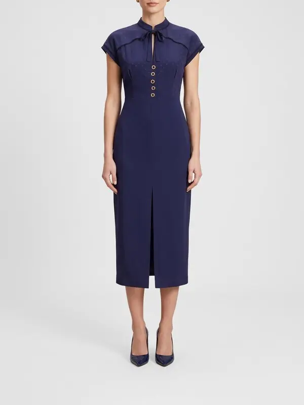 Alessandra Rich Pure Silk Midi Evening Dress With A Scarf Neck And Front Slit