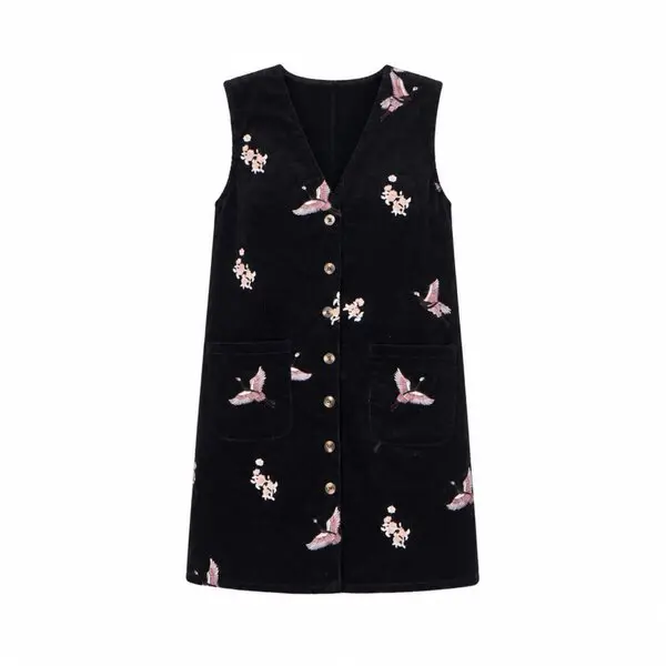 YUMI Crane Embroidery Button Up Pinafore Dress - Black