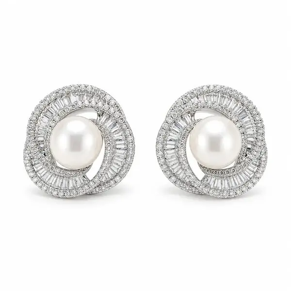 ANGEL BAROCCO Freshwater Pearl Crystal Swirl Stud Earrings - Silver
