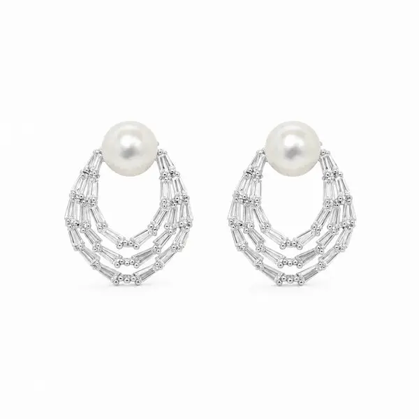 ANGEL BAROCCO Freshwater Pearl Baguette Crystal Stud Earrings - Silver