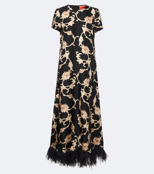 La DoubleJ Buttercup Feather-trimmed Silk Maxi Dress