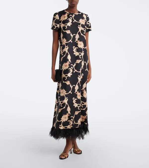 La DoubleJ Buttercup Feather-trimmed Silk Maxi Dress
