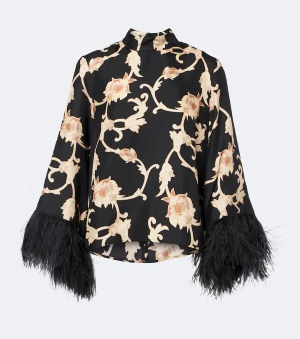 La DoubleJ Buttercup Feather-trimmed Silk Blouse