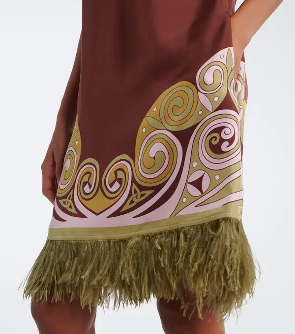 La DoubleJ Kells Swirl Feather-trimmed Silk Minidress
