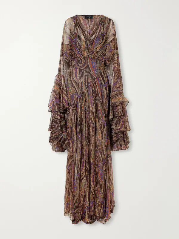 Etro Draped Ruffled Printed Metallic Silk-blend Crepon Maxi Dress - Multi