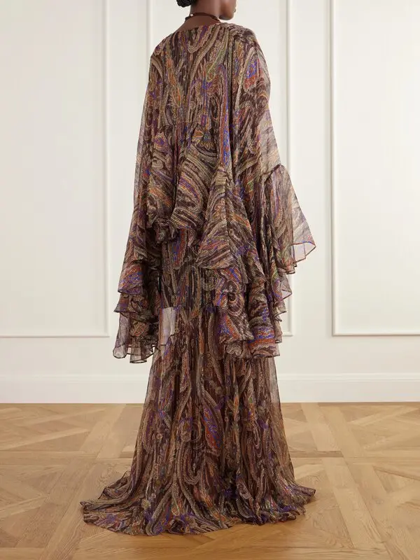 Etro Draped Ruffled Printed Metallic Silk-blend Crepon Maxi Dress